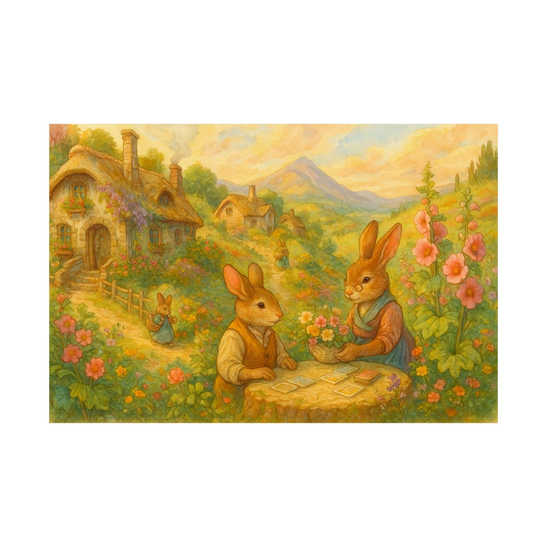 Vintage Bunny Cottage Scene Matte Horizontal Poster | Nursery Wall Art ...