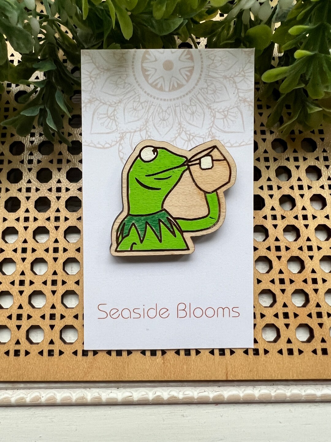 Kermit Pin Sipping Tea Meme Hand Painted Lightweight Wood Pin Muppets ...