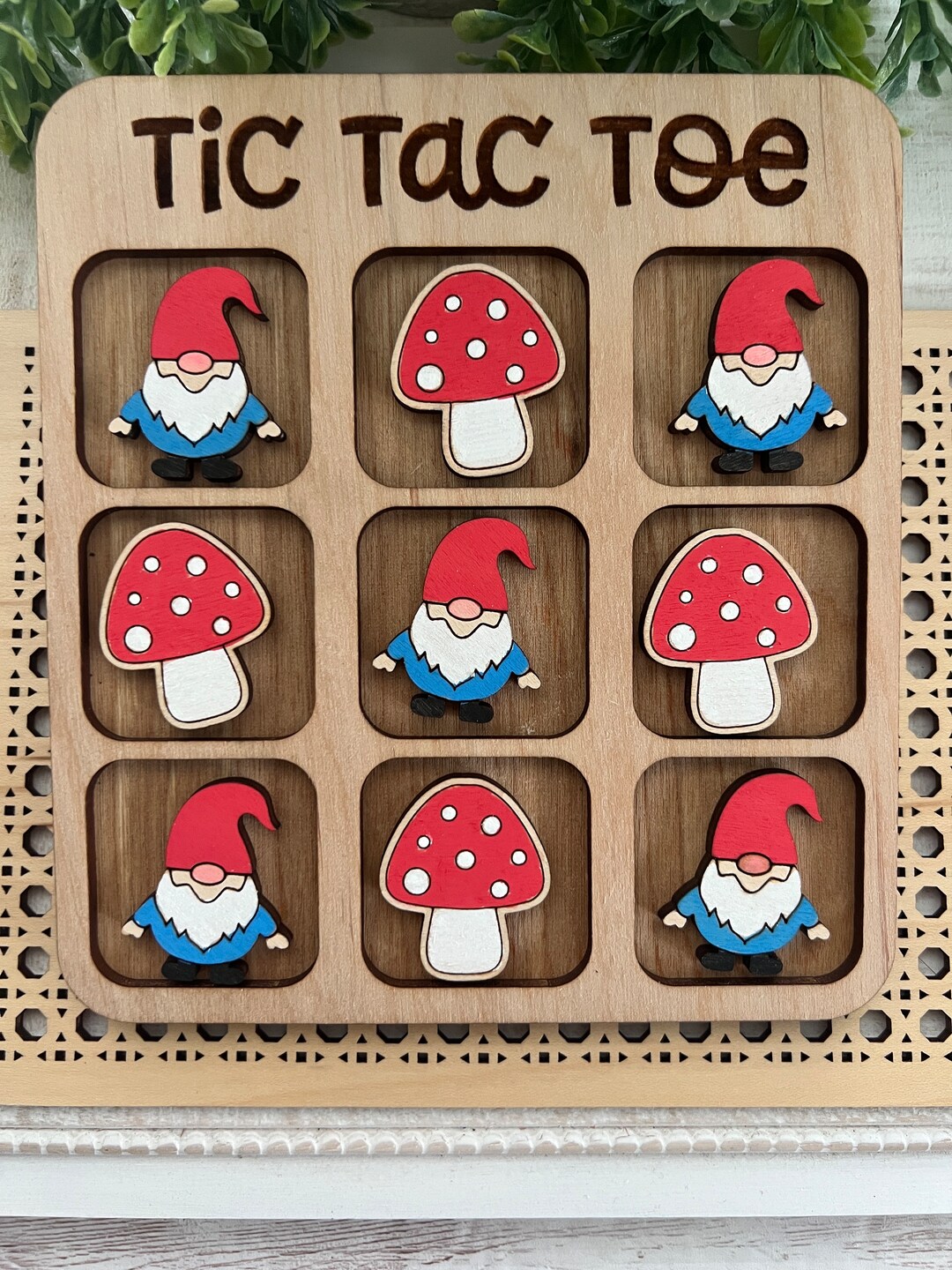 Mushroom Gnome Hand Painted Wood Tic Tac Toe Board - Etsy