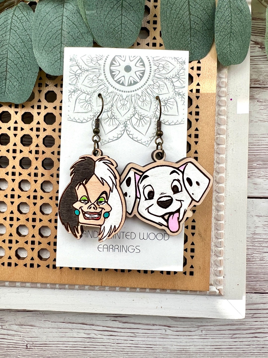 Dalmation Dog and Villain Hand Painted Lightweight Maple Wood Earrings ...