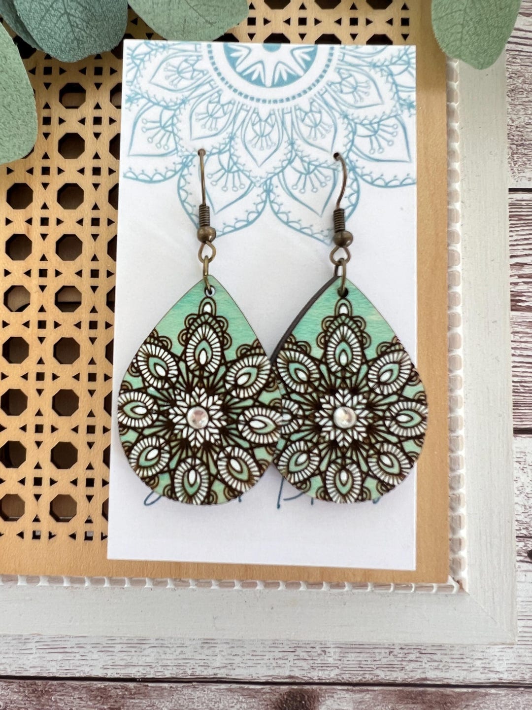 Floral Wood Painted Dangle Mandala Earring Boho Style Light Weight ...