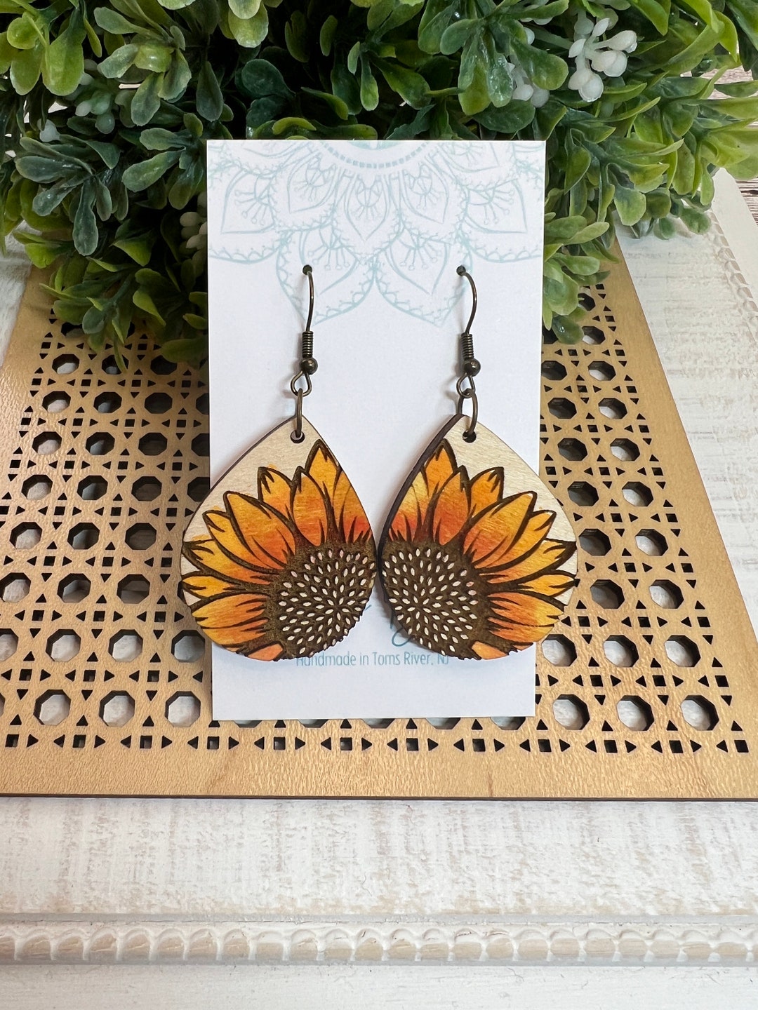 Sunflower Wood Painted Dangle Mandala Earring Boho Style - Etsy