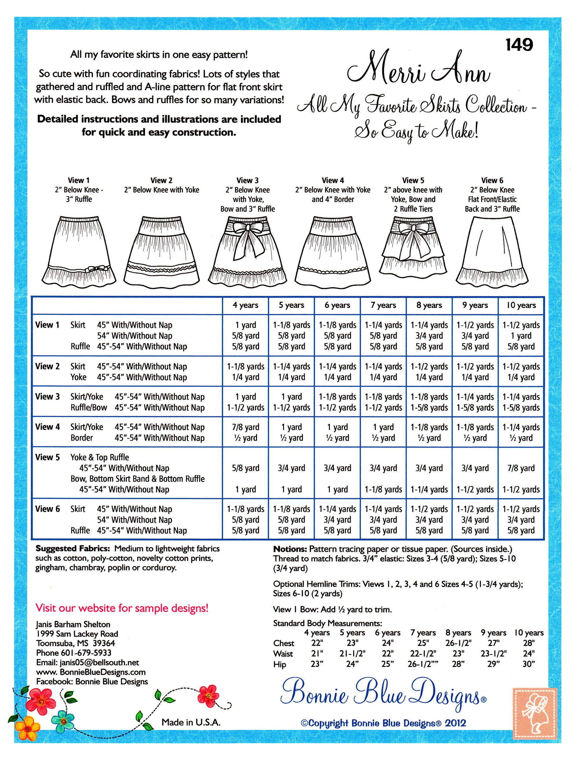 Bonnie Blue Pattern, merri Ann in Sizes 4, 5, 6, 7, 8, 9 and 10 Years ...