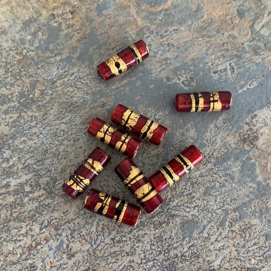 Red & Gold Foil Glass Tube Beads (8 Pc) - Etsy