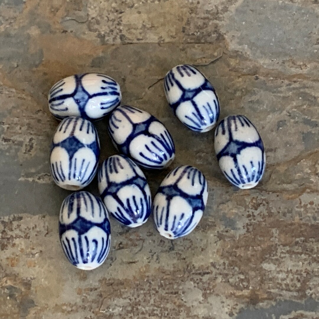 Blue and White Chinoiserie Oval Beads, 16 X 11mm, 8 Beads per Package ...