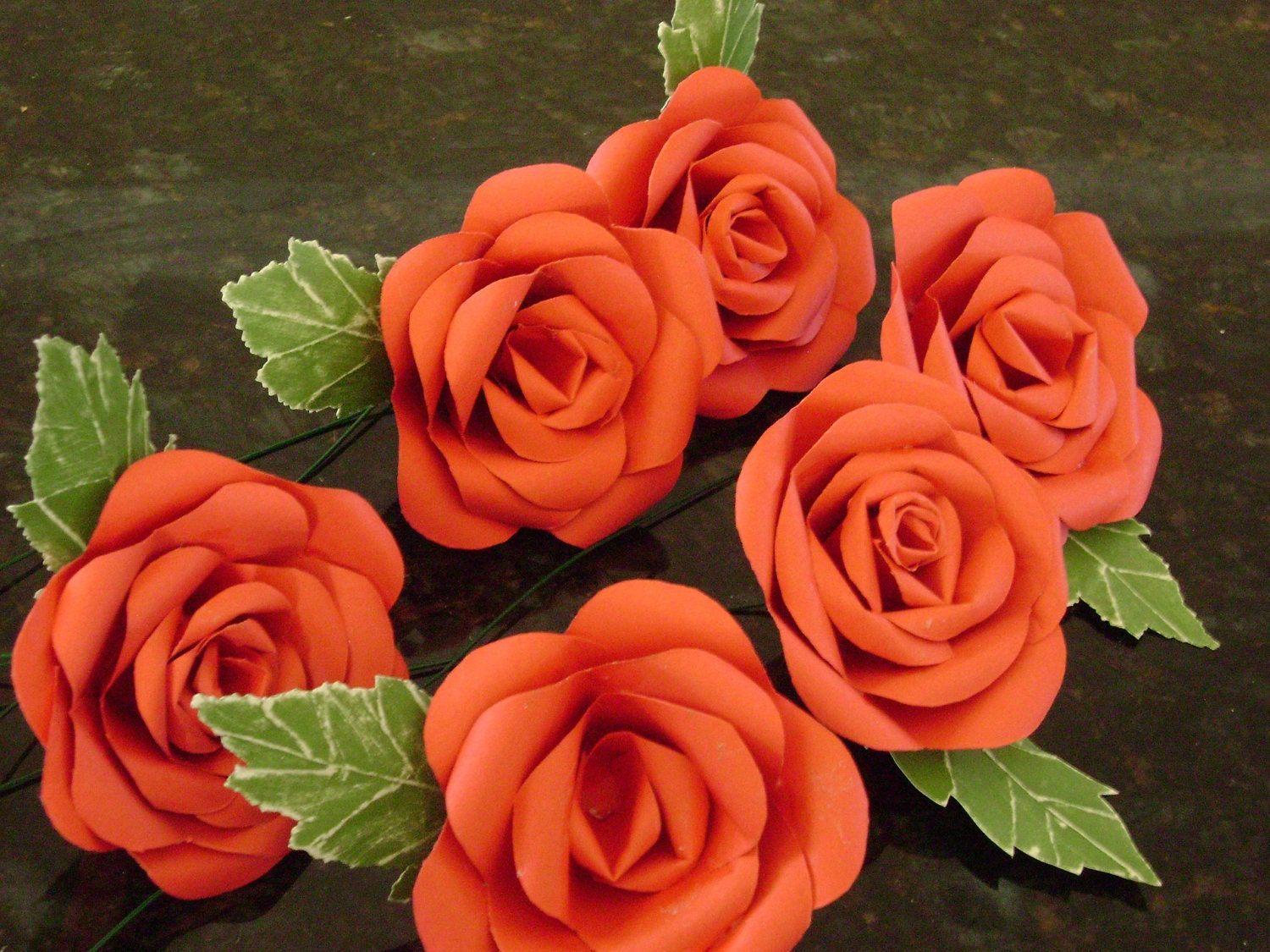 Bouquet of 6 Long Stemmed Red Paper Flower Roses With Green - Etsy