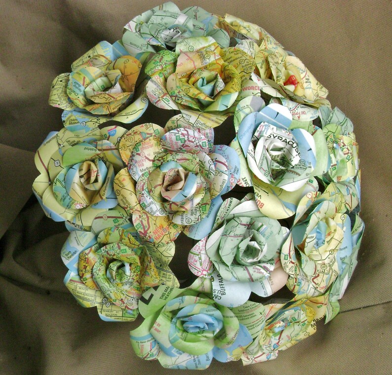 Vintage Atlas Map Realistic Paper Rose Bridal Bouquet Destination ...