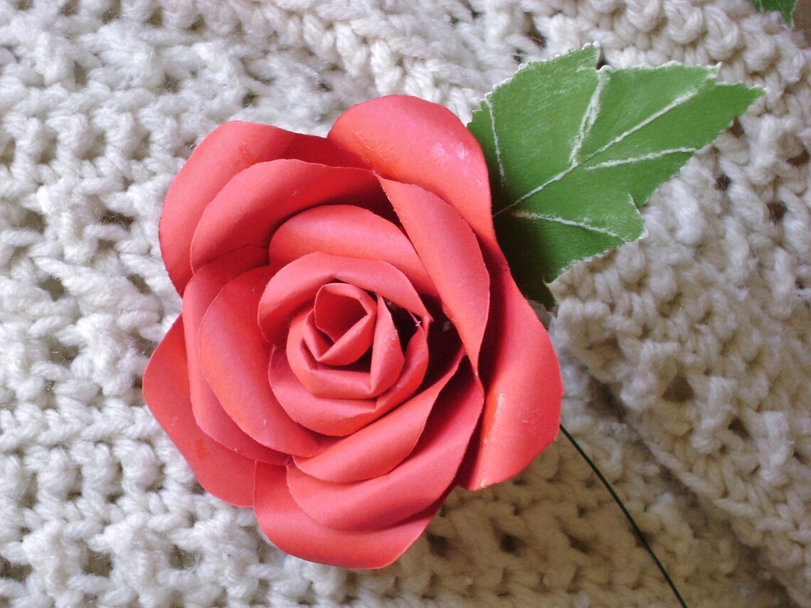Long Stemmed Single Red Paper Rose With Green Leaf Made From | Etsy