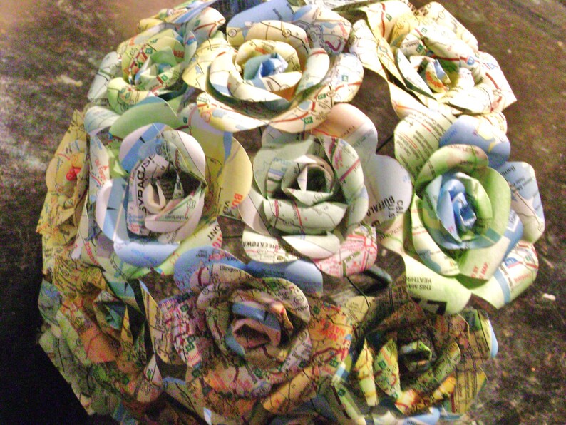 Vintage Atlas Map Realistic Paper Rose Bridal Bouquet Destination ...
