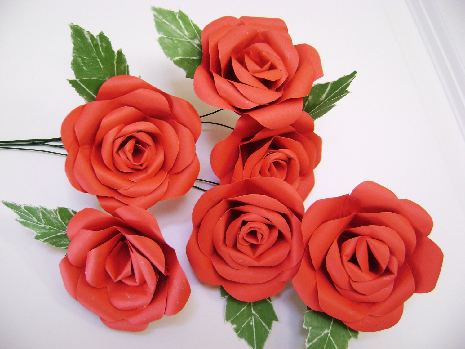 Bouquet of 6 Long Stemmed Red Paper Flower Roses With Green - Etsy