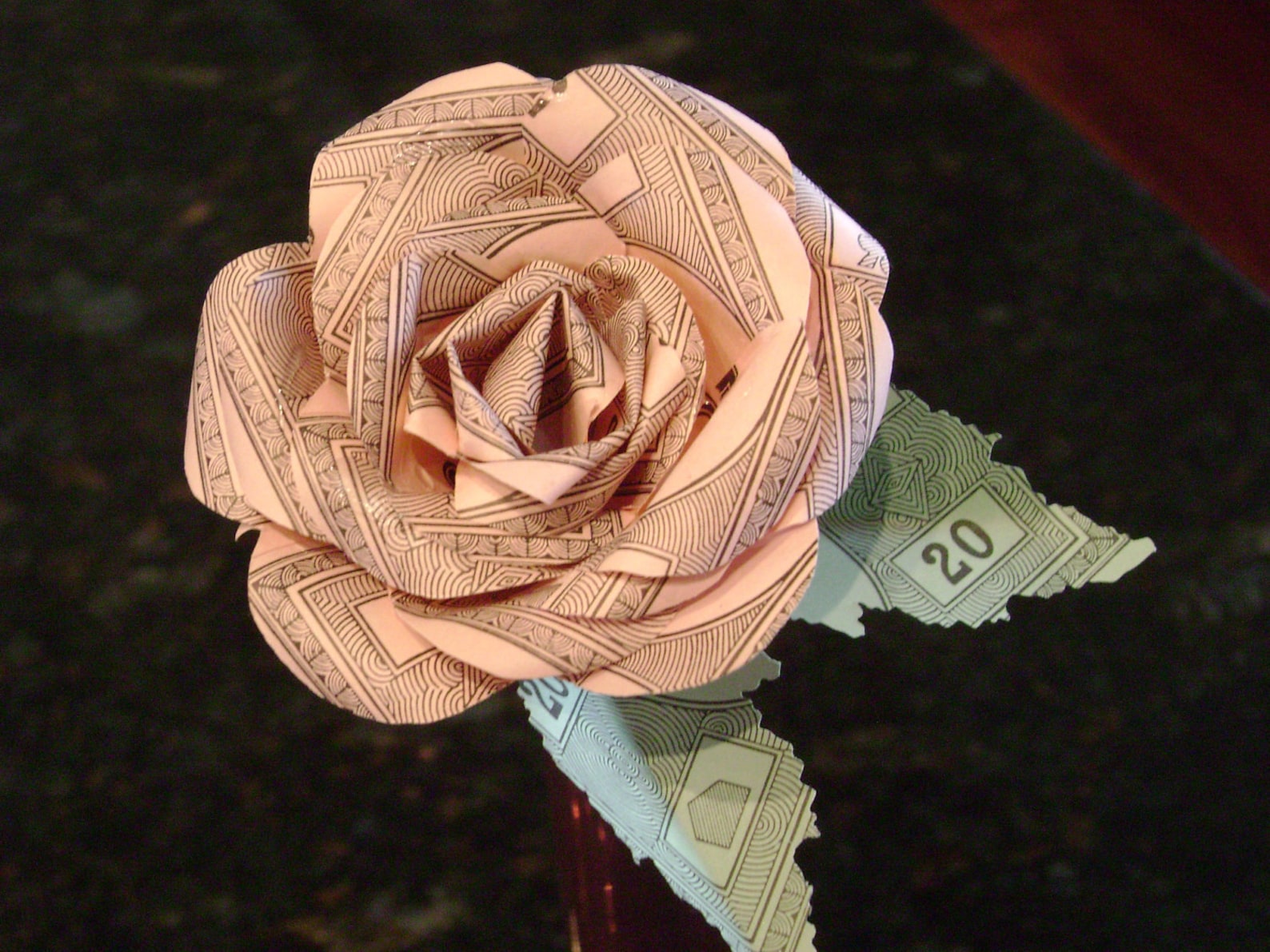 Vintage Monopoly Money Pink Rose Paper Flower With Green Leaves ...