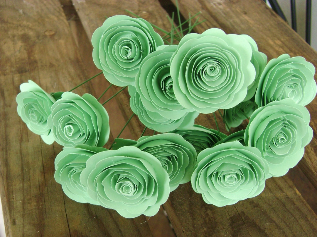 1- 1 1/2" Sized Mint Green Paper Roses Spiral Rolled Flowers for Brides ...