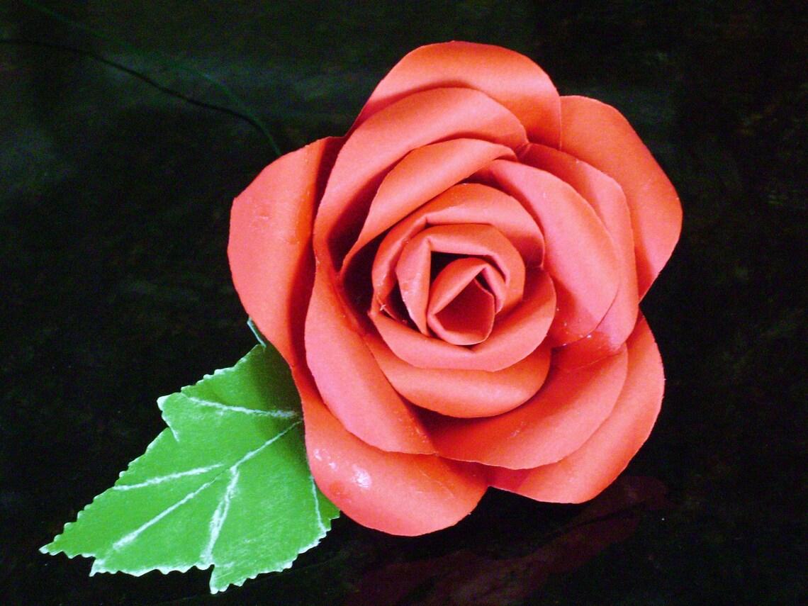 Long Stemmed Single Red Paper Rose With Green Leaf Made From | Etsy