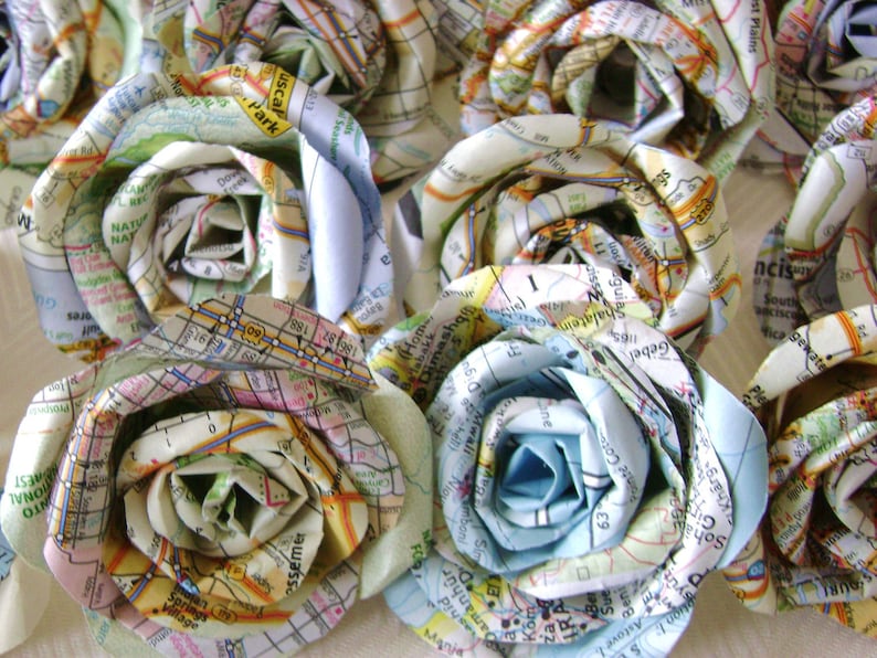 Vintage Atlas Map Paper Flowers Bulk Lot of 25, Wedding Decorations ...