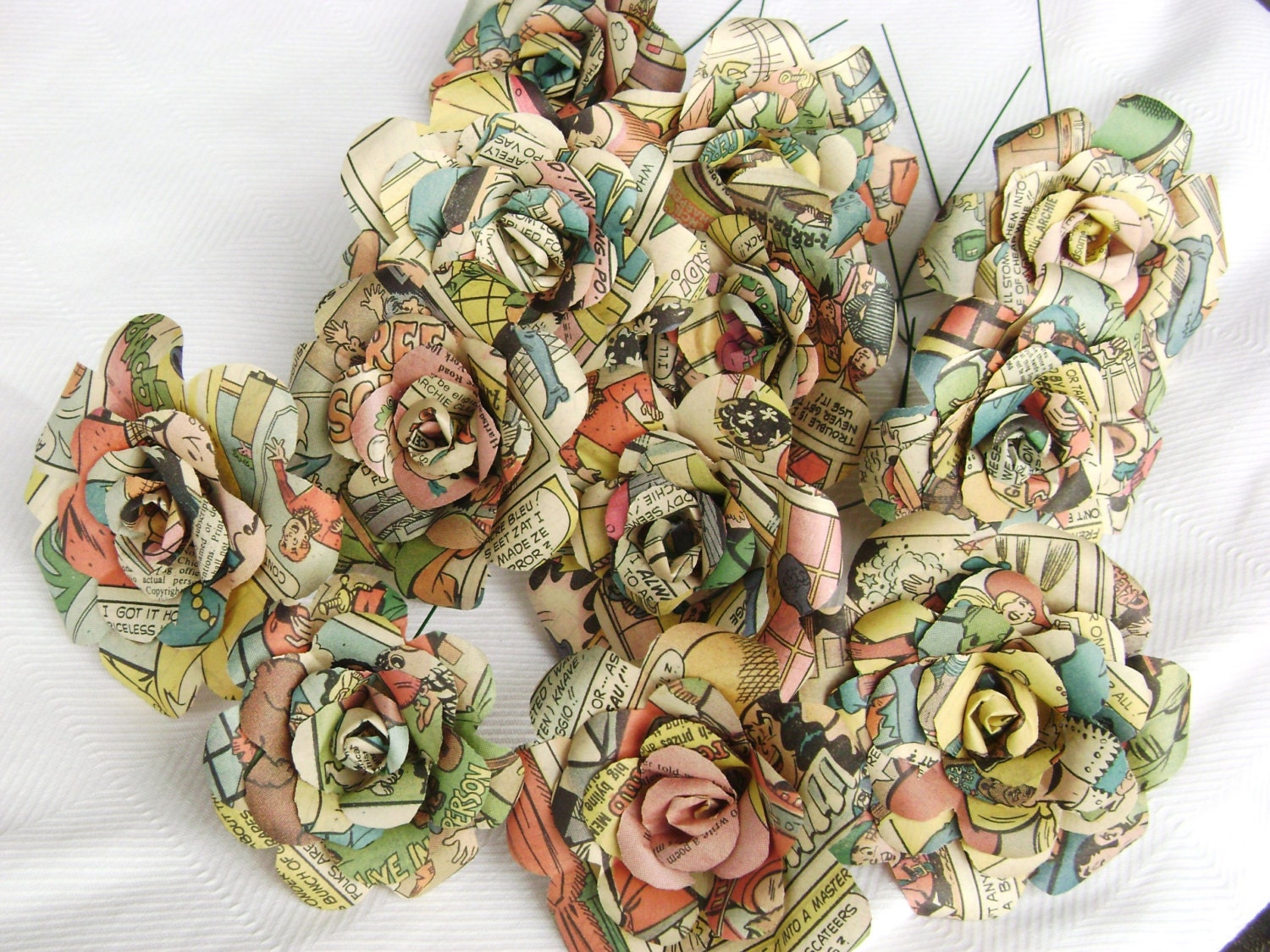 12 Comic Book Recycled Paper Roses Pastel Shades Alternative - Etsy