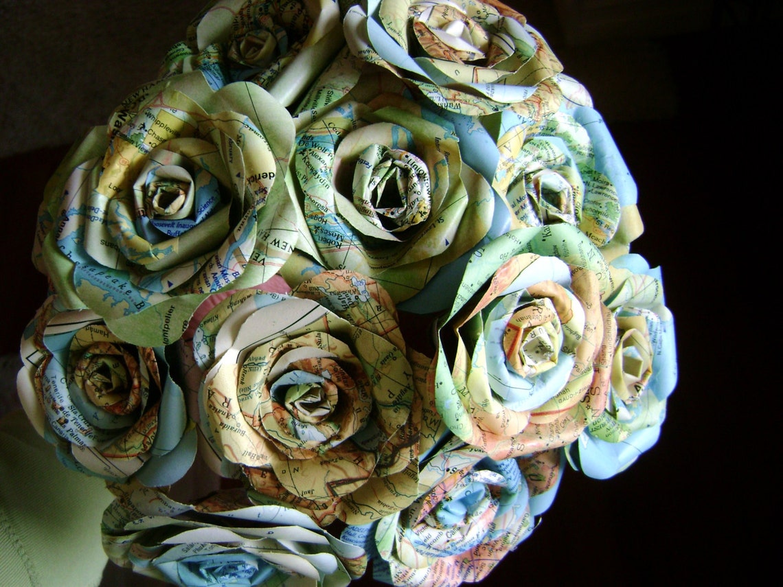 Vintage Atlas Map Paper Rose 12 Flower Bouquet for Weddings or Toss ...