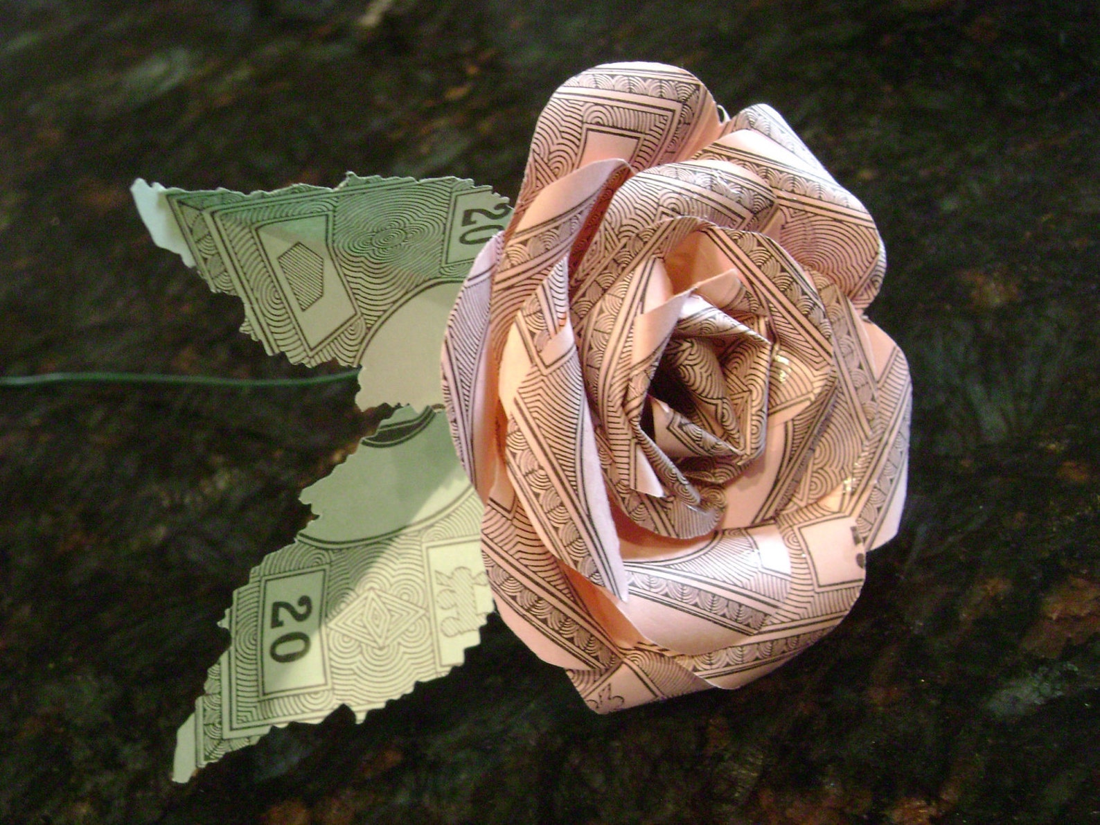 Vintage Monopoly Money Pink Rose Paper Flower With Green Leaves ...