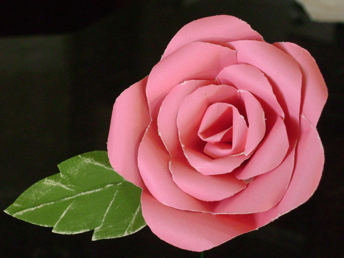 Long Stemmed Single Hot Pink Paper Rose With Green Leaf Made - Etsy