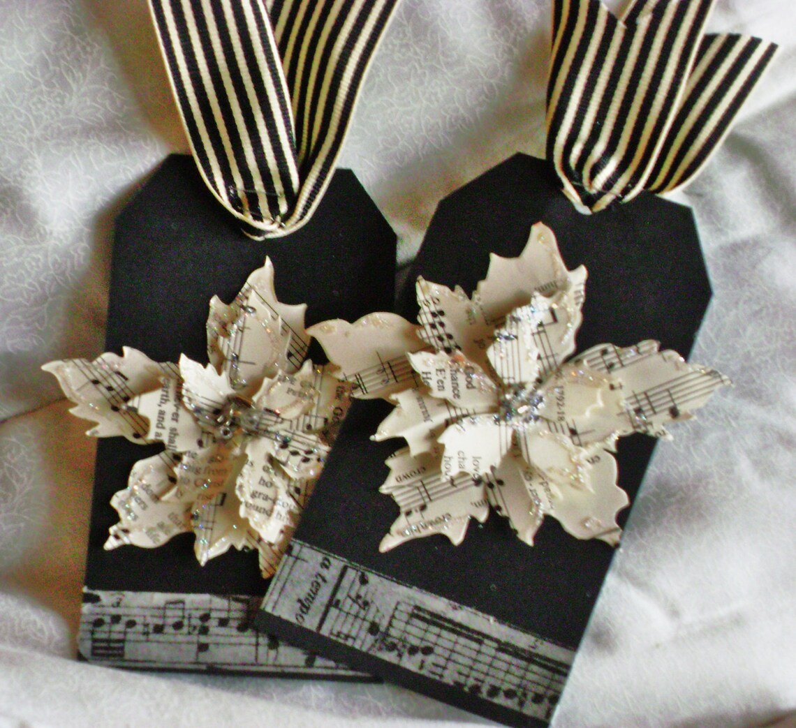 Christmas Poinsettia Sheet Music Tags on Black Cardstock With - Etsy