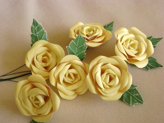Paper Flower Roses Bouquet Handmade With Yellow Cardstock and Green ...