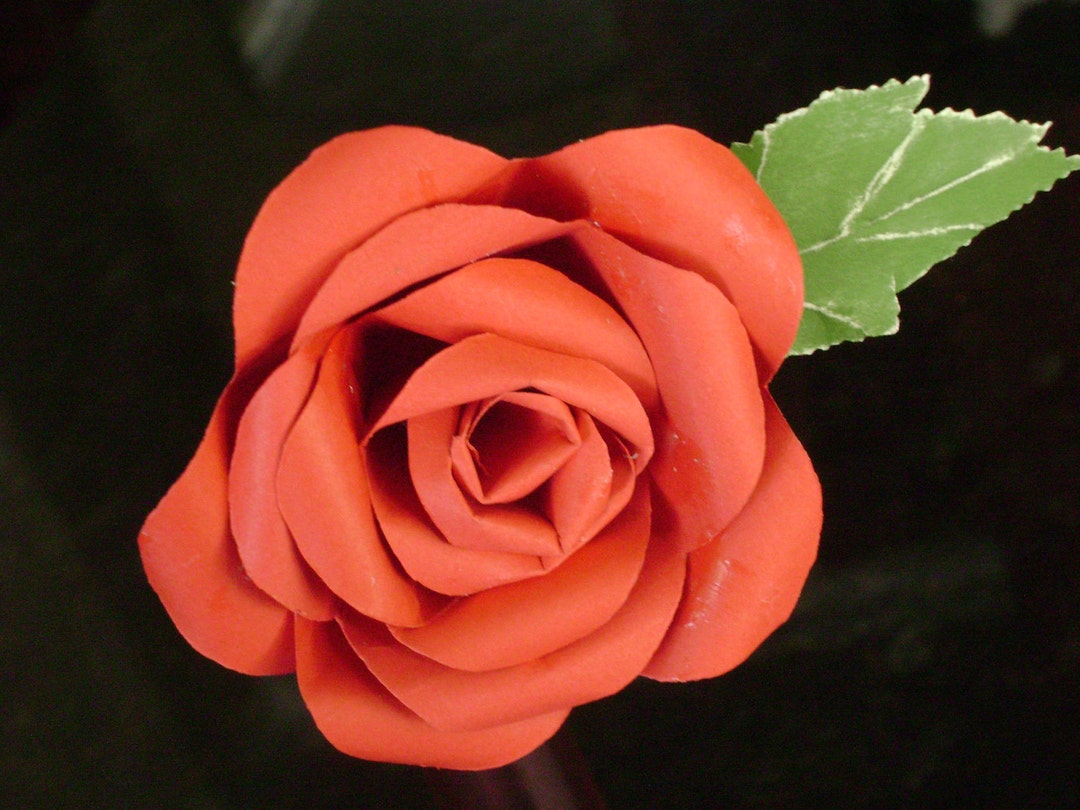 Long Stemmed Single Red Paper Rose With Green Leaf Made From Cardstock ...