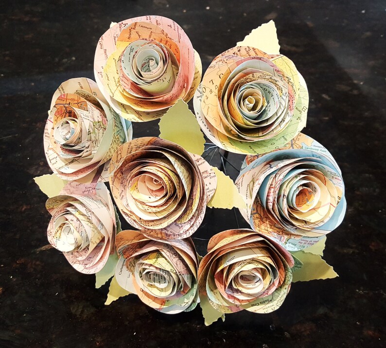 8 3" Spiral Atlas Map Cabbage Roses Bouquet Alternative Wedding Bridal ...