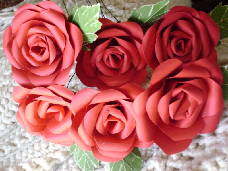 Bouquet of 6 Long Stemmed Red Paper Flower Roses With Green - Etsy