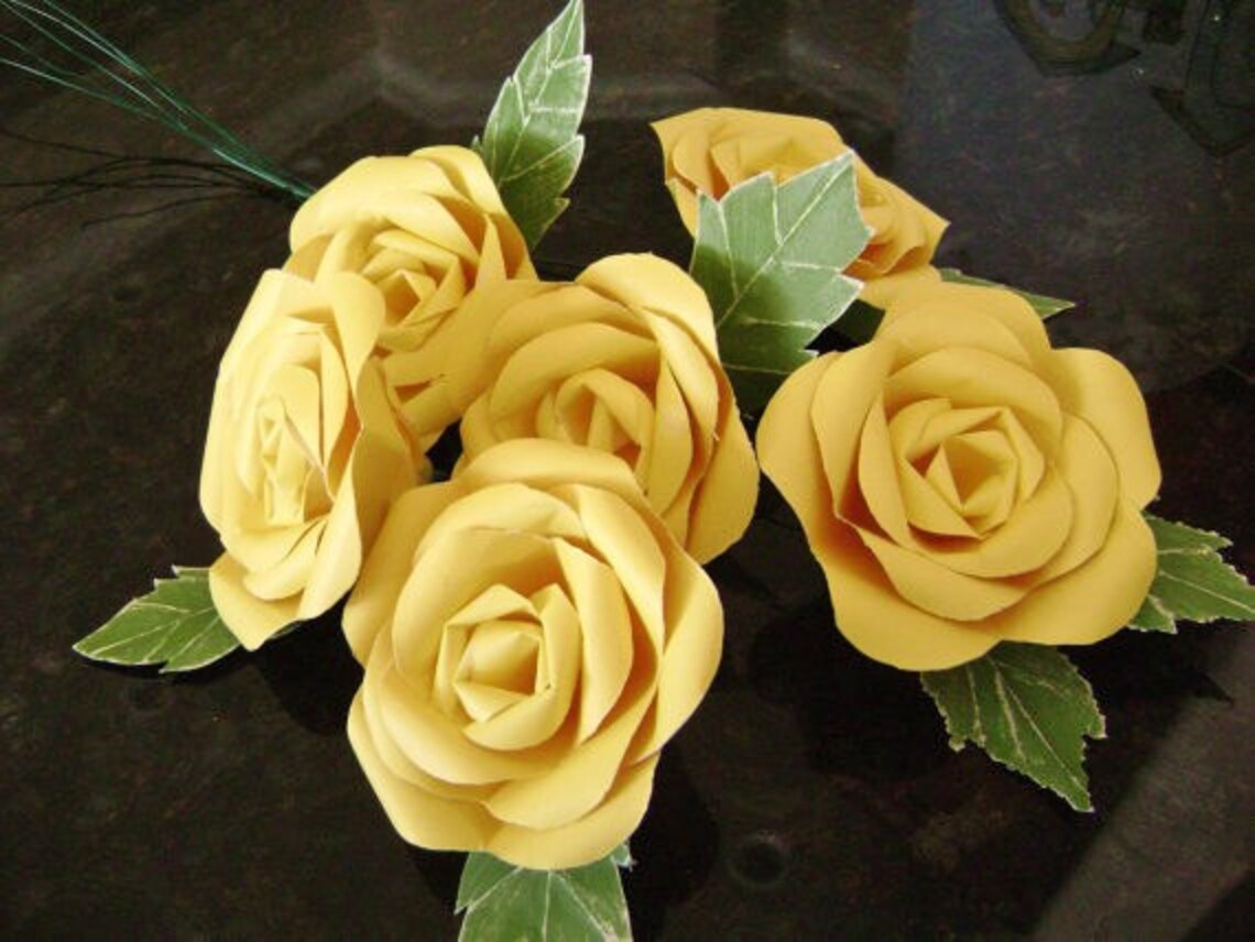 Paper Flower Roses Bouquet Handmade With Yellow Cardstock and Green ...