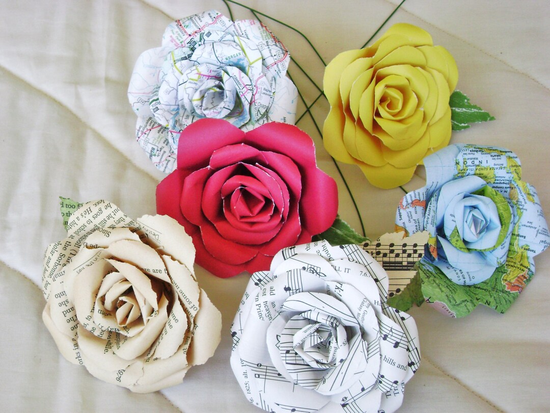 Mixed Group of Paper Roses Sheet Music Hymnal Vintage Book Page Map ...