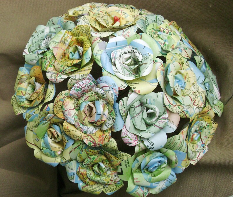 Vintage Atlas Map Realistic Paper Rose Bridal Bouquet Destination ...