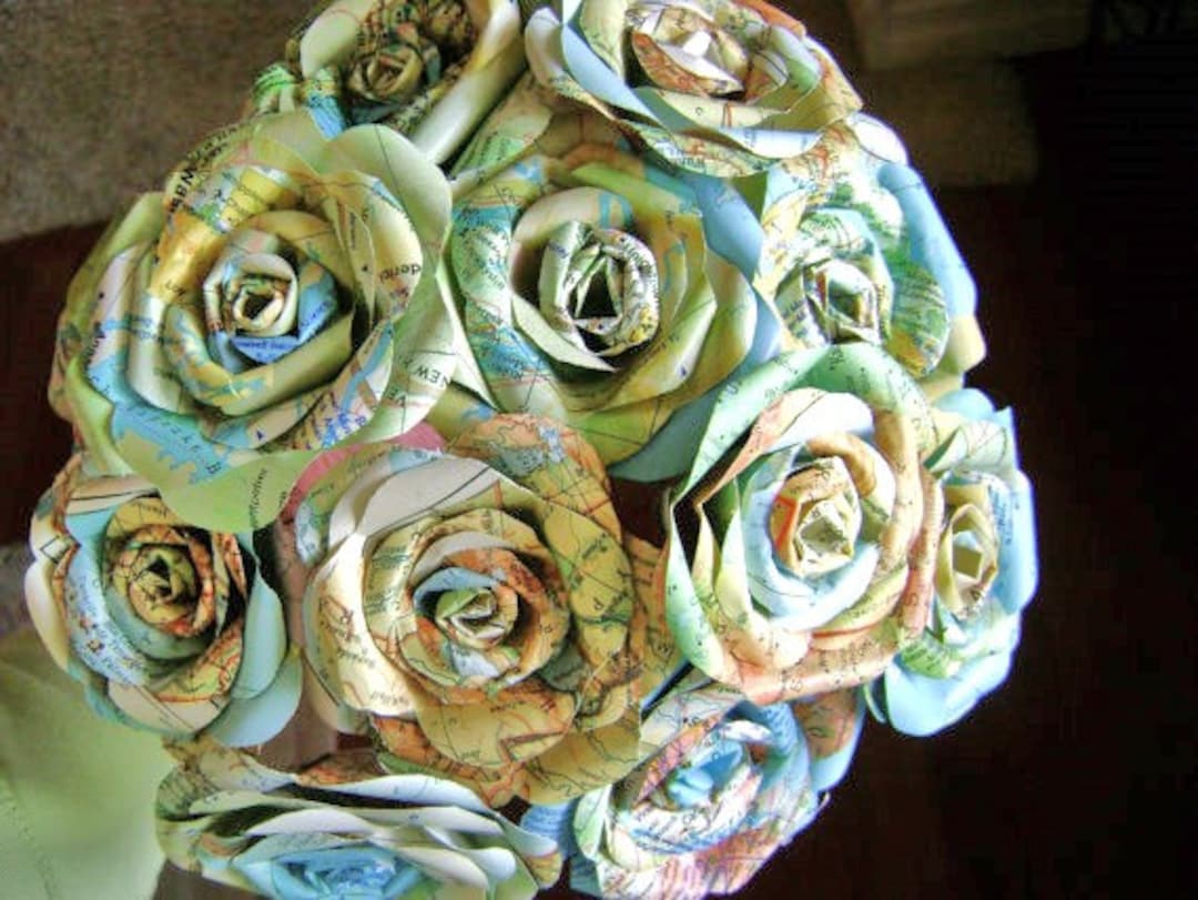 Vintage Atlas Map Paper Rose 12 Flower Bouquet for Weddings or Toss ...