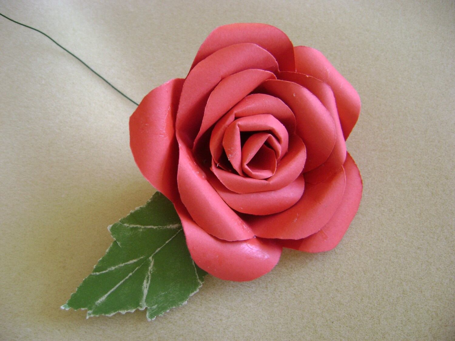 Long Stemmed Single Red Paper Rose With Green Leaf Made From | Etsy