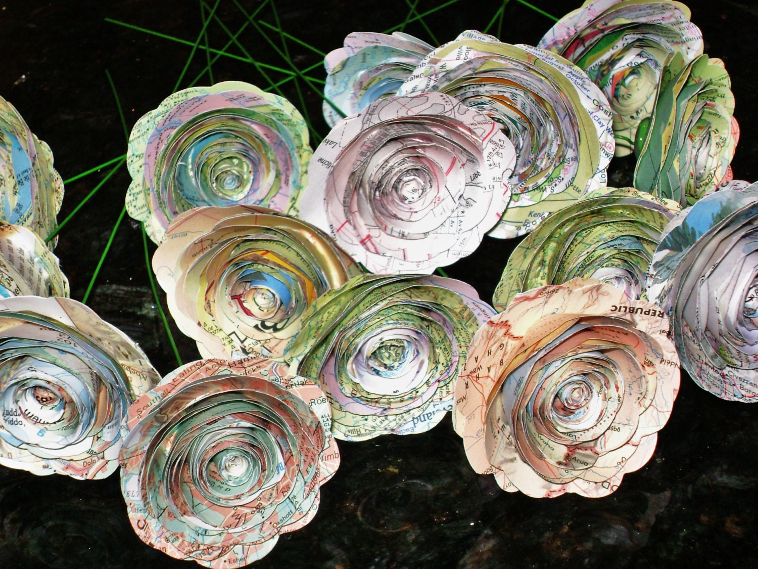 25 Spiral 2" Paper Map Roses Flowers on Stems Made From Vintage Atlas ...