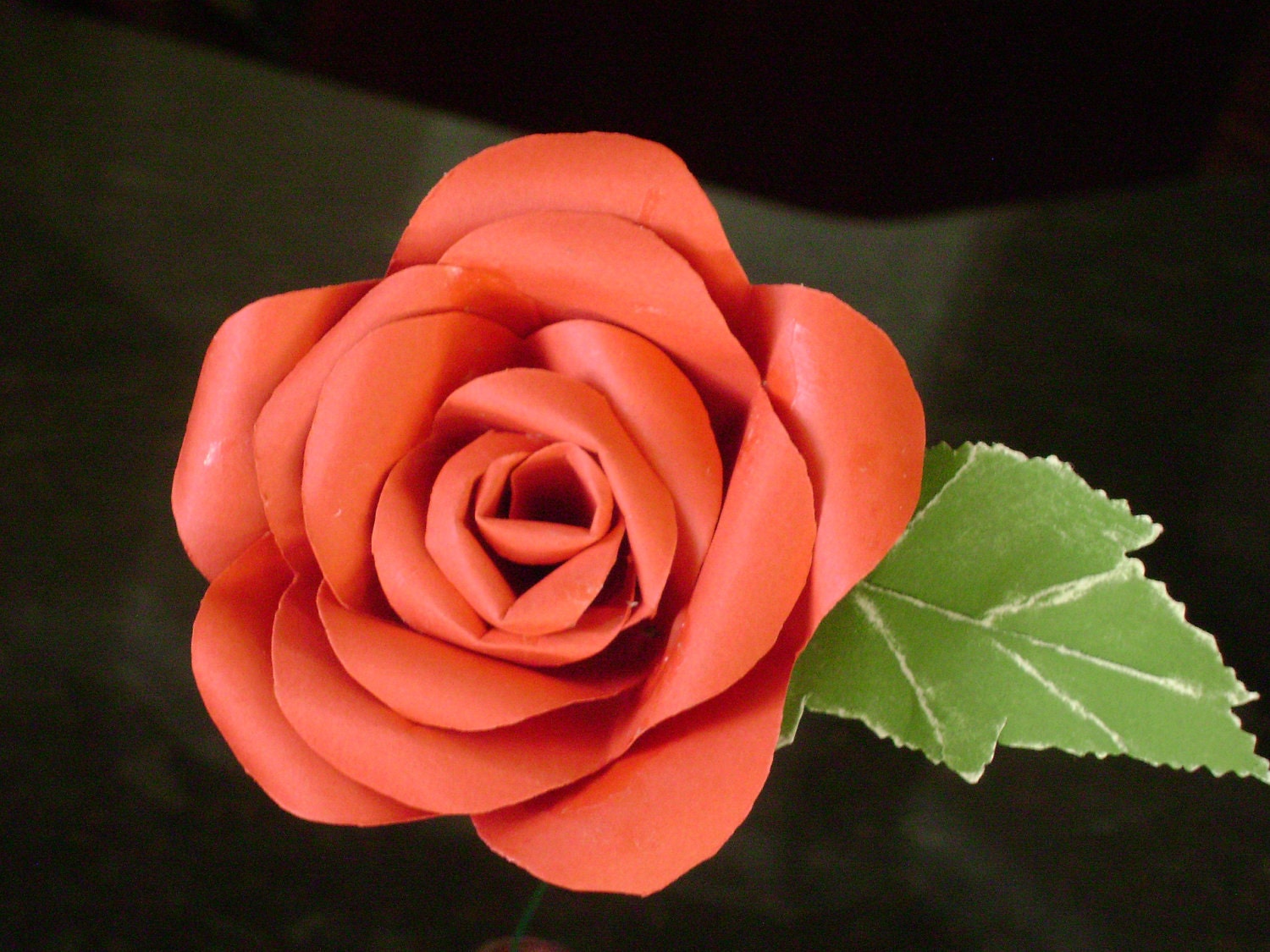Long Stemmed Single Red Paper Rose With Green Leaf Made From Cardstock ...