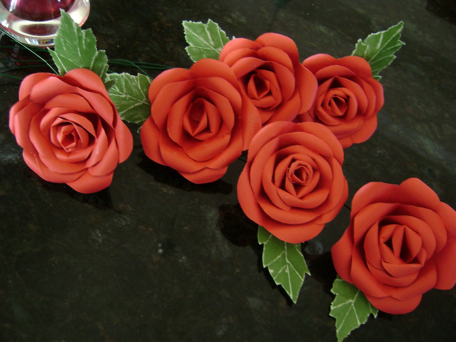 Bouquet of 6 Long Stemmed Red Paper Flower Roses With Green - Etsy