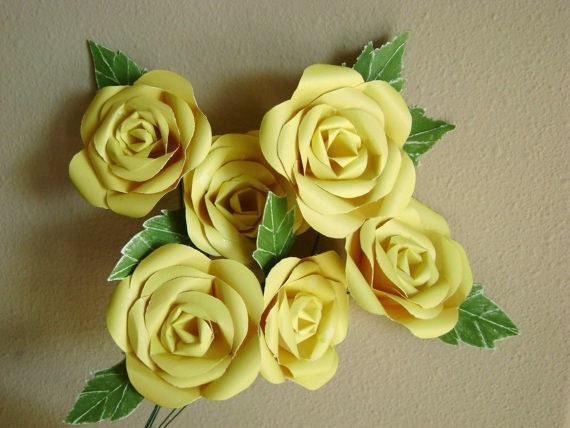 Paper Flower Roses Bouquet Handmade With Yellow Cardstock and Green ...