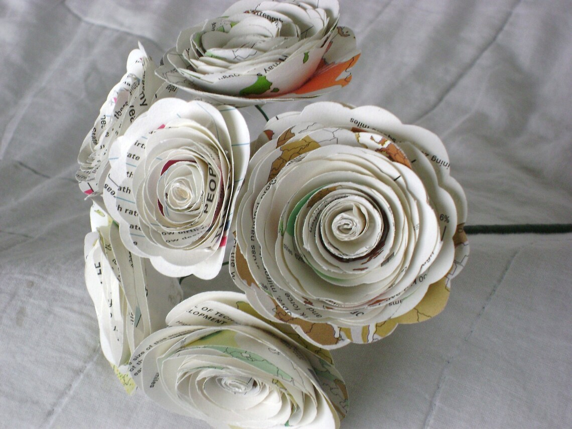 Vintage Atlas Map Pages Spiral Rolled Flowers Bouquet, Wedding, Toss ...