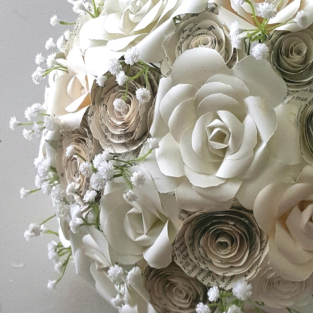 Classic White Bridal Bouquet Book Page White Paper Roses Baby's Breath ...