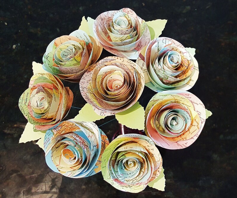 8 3" Spiral Atlas Map Cabbage Roses Bouquet Alternative Wedding Bridal ...