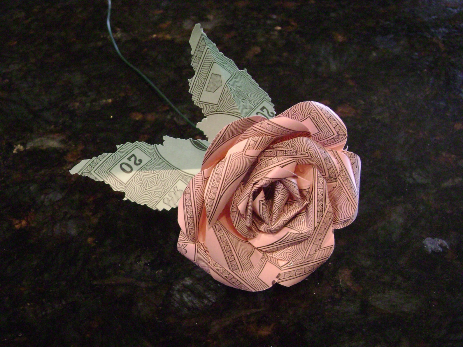 Vintage Monopoly Money Pink Rose Paper Flower With Green Leaves ...