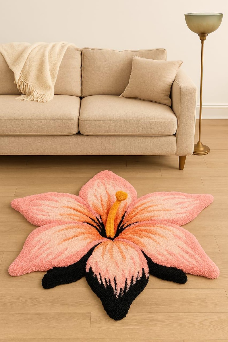 Handmade Pink Hibiscus Flower Shaped Tufted Rug, Cottagecore Bedroom ...