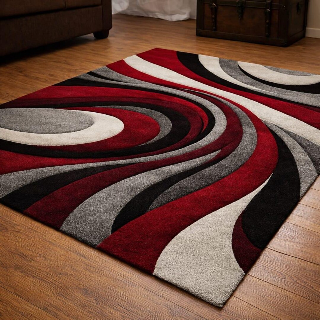 Modern Red Abstract Swirl Area Rug, 3D Wave Geometric Living Room ...
