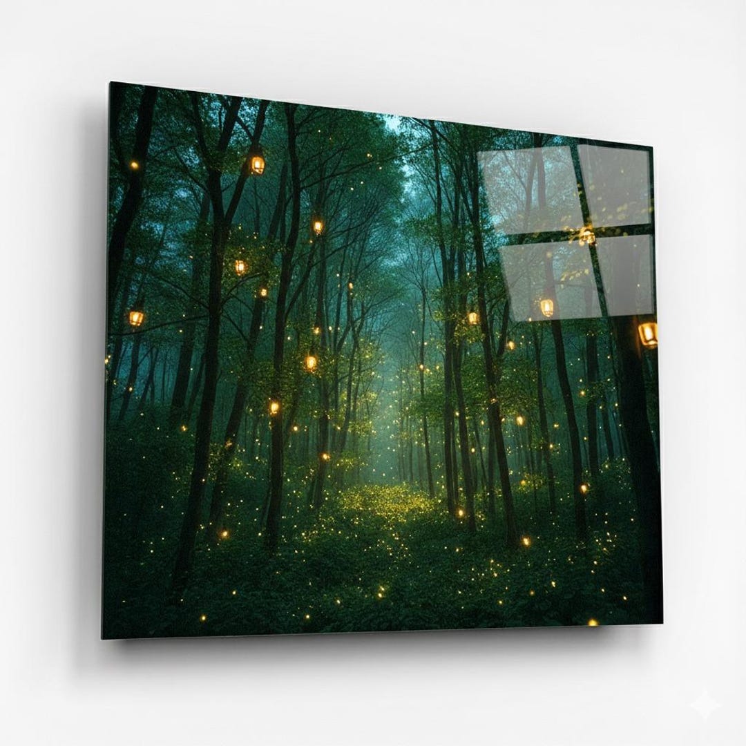 Electric Fireflies Forest Tempered Glass Art, Fantasy Forest Tempered ...