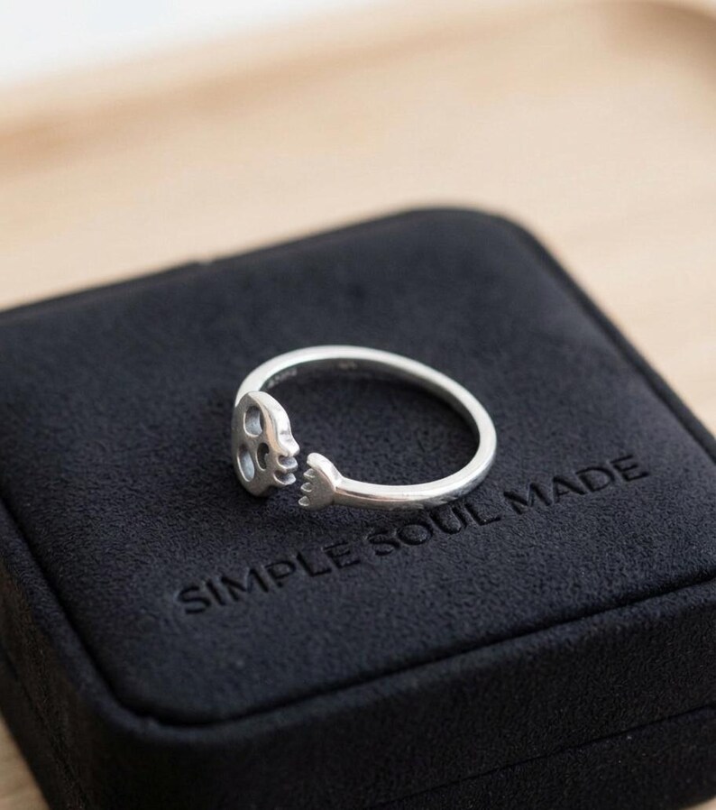 999 Pure Silver Minimalist Skull Ring, Adjustable Gothic Band Jewelry ...