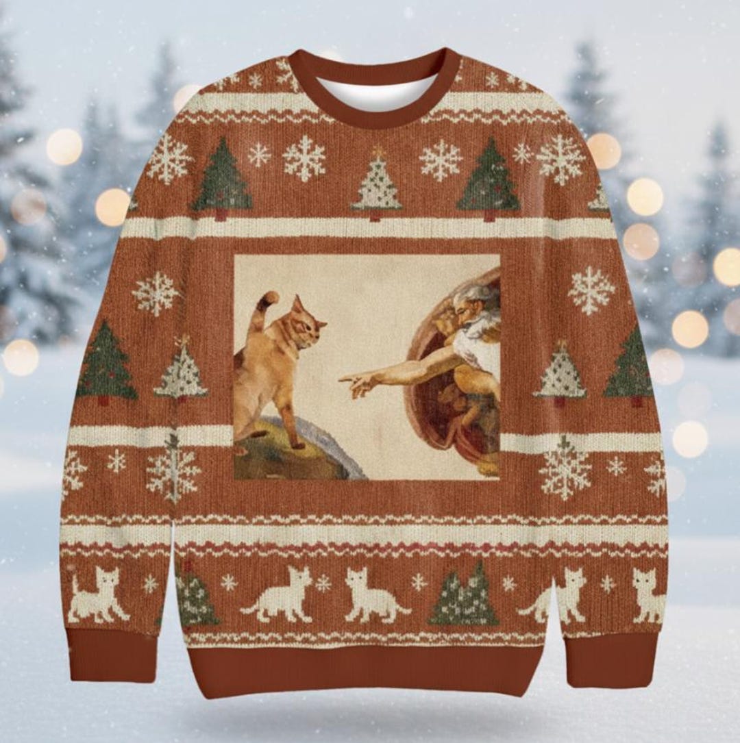 Cat God Creation of Adam Meme Ugly Sweater, Cat Meme Xmas Sweater, Eepy ...