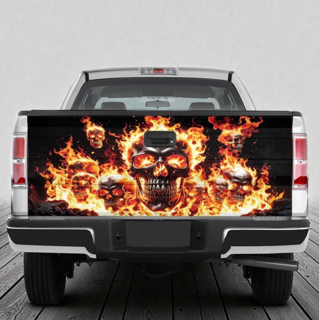 Screaming Skulls Flame Fire Tailgate Wrap Car, Horror Skeleton Skull ...