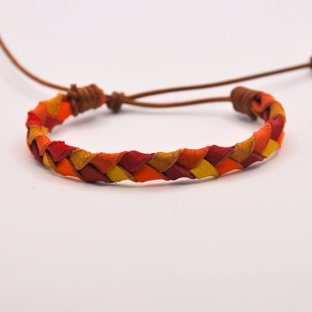 Red Yellow and Organge Braided Kangaroo Leather Adjustable Bracelet ...