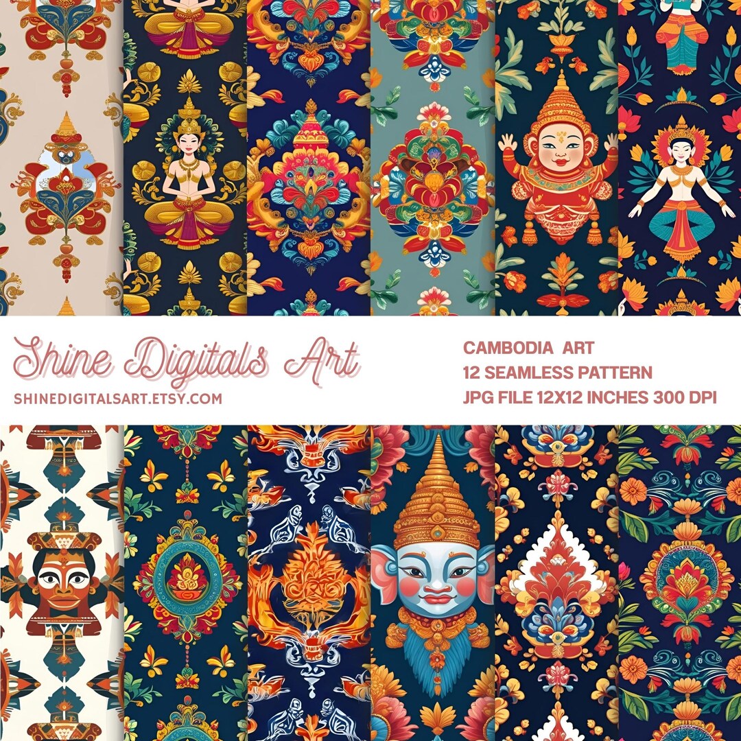 Cambodia Art Seamless Pattern Angkor Wat, Apsara Dancers & Khmer ...