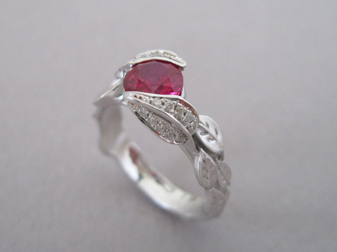 Ruby Leaf Ring Ruby Leaf Engagement Ring Diamond Ruby Leaf - Etsy