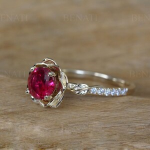 Flower Engagement Ring, Ruby Rose Ring 1 Carat Solitaire Floral ...